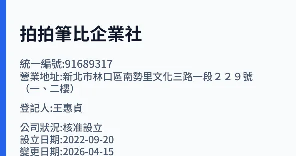 拍拍筆比企業社的照片-統編 91689317(新北市) 公司登記資料與營業項目詳細圖表