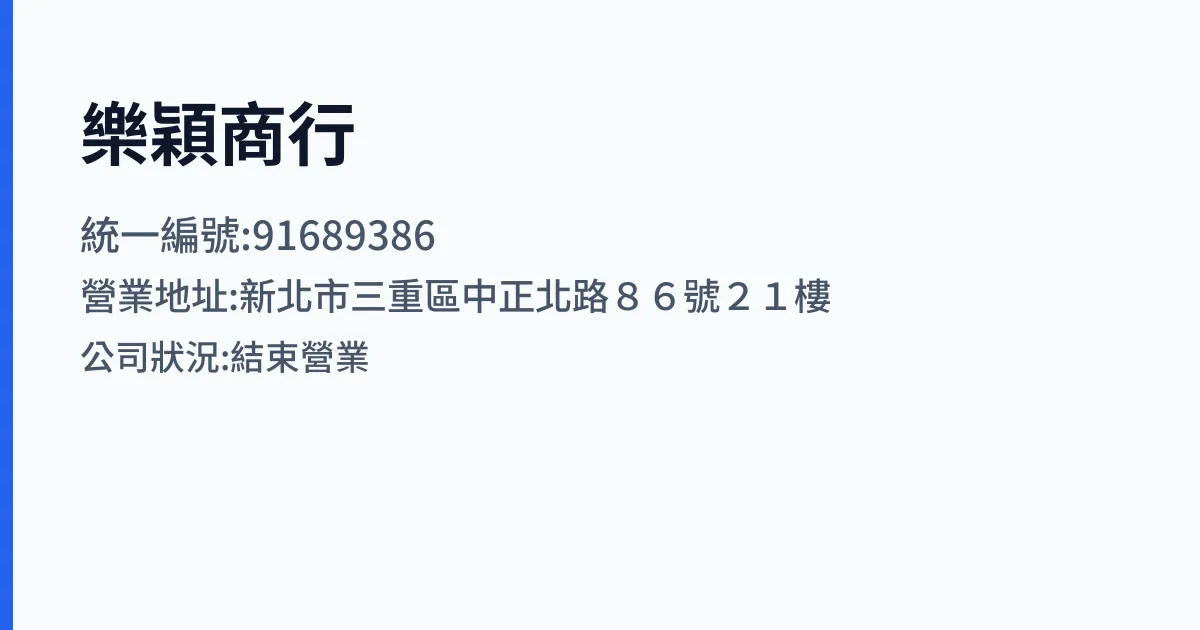 樂穎商行 - 統編 91689386(新北市) 公司登記資料與營業項目詳細圖表