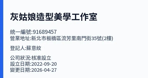 灰姑娘造型美學工作室的照片-統編 91689457(新北市) 公司登記資料與營業項目詳細圖表