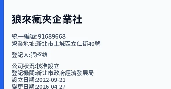 狼來瘋夾企業社的照片-統編 91689668(新北市) 公司登記資料與營業項目詳細圖表