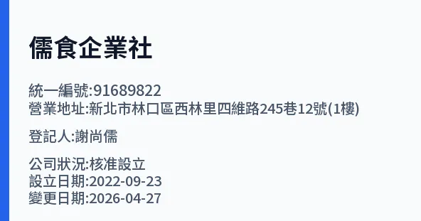 儒食企業社的照片-統編 91689822(新北市) 公司登記資料與營業項目詳細圖表