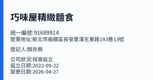 巧味屋精緻麵食的照片-統編 91689914(新北市) 公司登記資料與營業項目詳細圖表