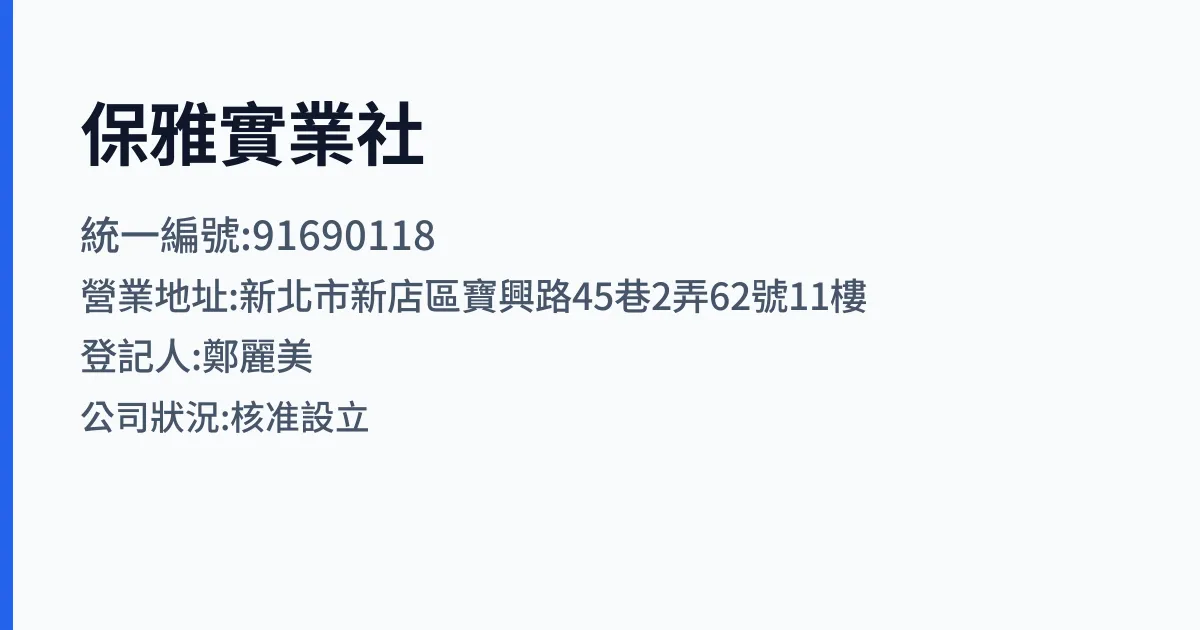 保雅實業社 - 統編 91690118(新北市) 公司登記資料與營業項目詳細圖表