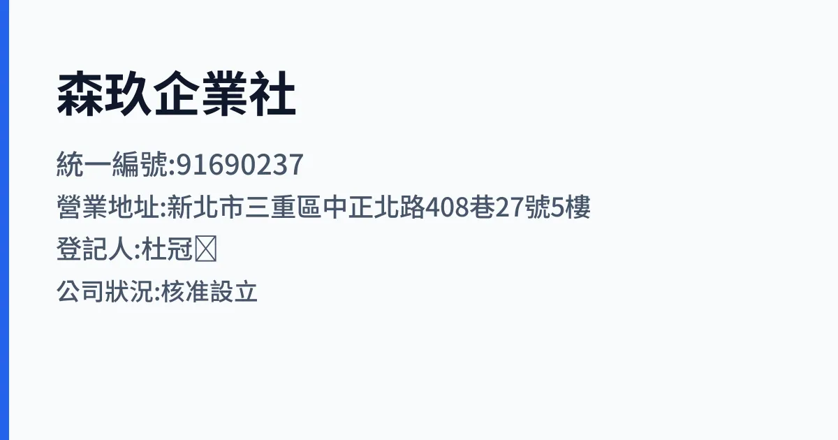 森玖企業社 - 統編 91690237(新北市) 公司登記資料與營業項目詳細圖表