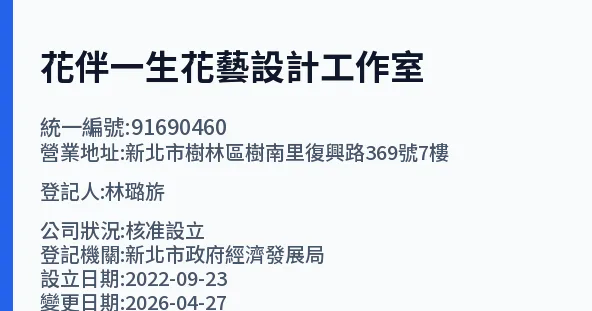 花伴一生花藝設計工作室的照片-統編 91690460(新北市) 公司登記資料與營業項目詳細圖表