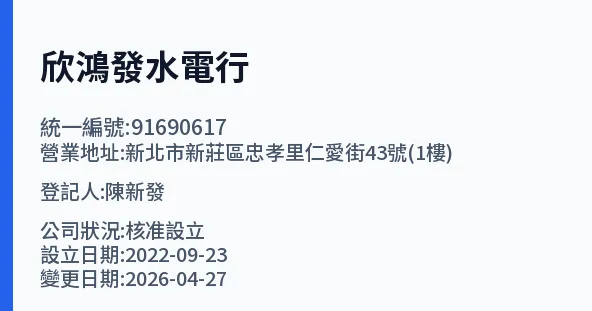欣鴻發水電行的照片-統編 91690617(新北市) 公司登記資料與營業項目詳細圖表