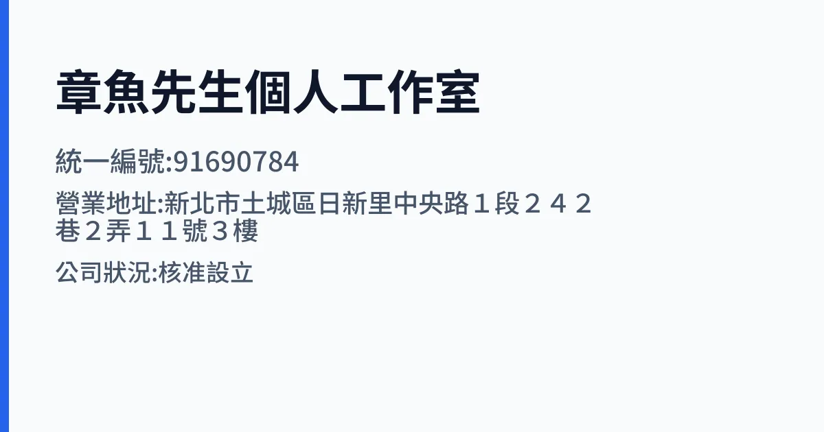 章魚先生個人工作室 - 統編 91690784(新北市) 公司登記資料與營業項目詳細圖表