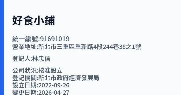 好食小鋪的照片-統編 91691019(新北市) 公司登記資料與營業項目詳細圖表
