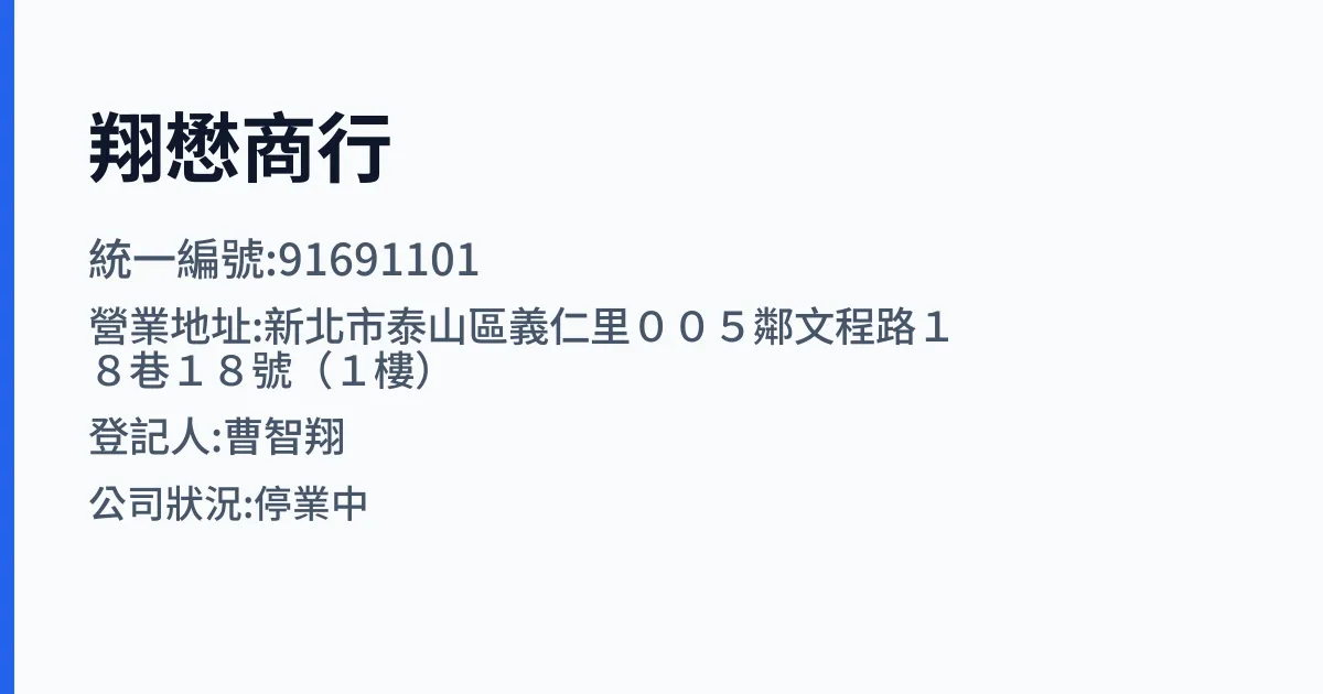 翔懋商行 - 統編 91691101(新北市) 公司登記資料與營業項目詳細圖表