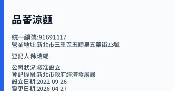 品萫涼麵的照片-統編 91691117(新北市) 公司登記資料與營業項目詳細圖表
