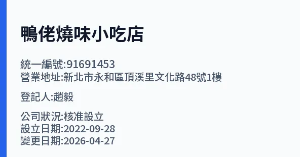 鴨佬燒味小吃店的照片-統編 91691453(新北市) 公司登記資料與營業項目詳細圖表