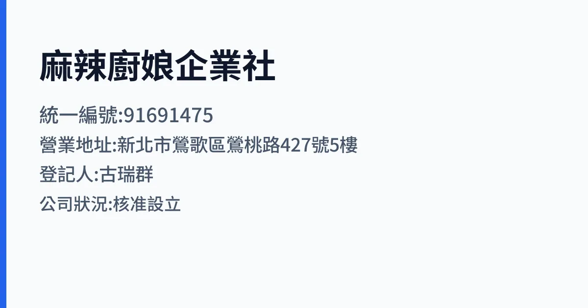 麻辣廚娘企業社 - 統編 91691475(新北市) 公司登記資料與營業項目詳細圖表
