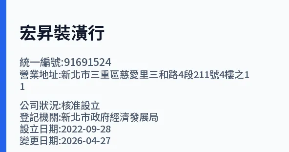 宏昇裝潢行的照片-統編 91691524(新北市) 公司登記資料與營業項目詳細圖表