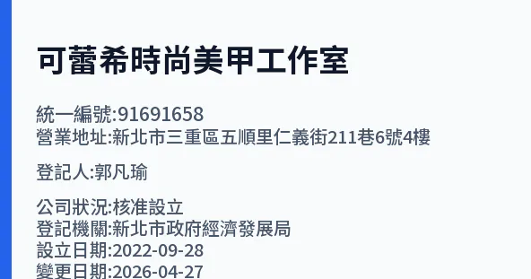 可蕾希時尚美甲工作室的照片-統編 91691658(新北市) 公司登記資料與營業項目詳細圖表