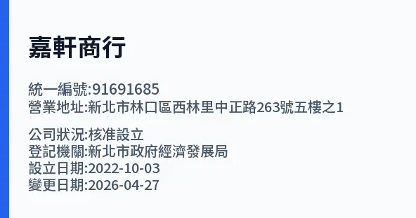 嘉軒商行的照片-統編 91691685(新北市) 公司登記資料與營業項目詳細圖表