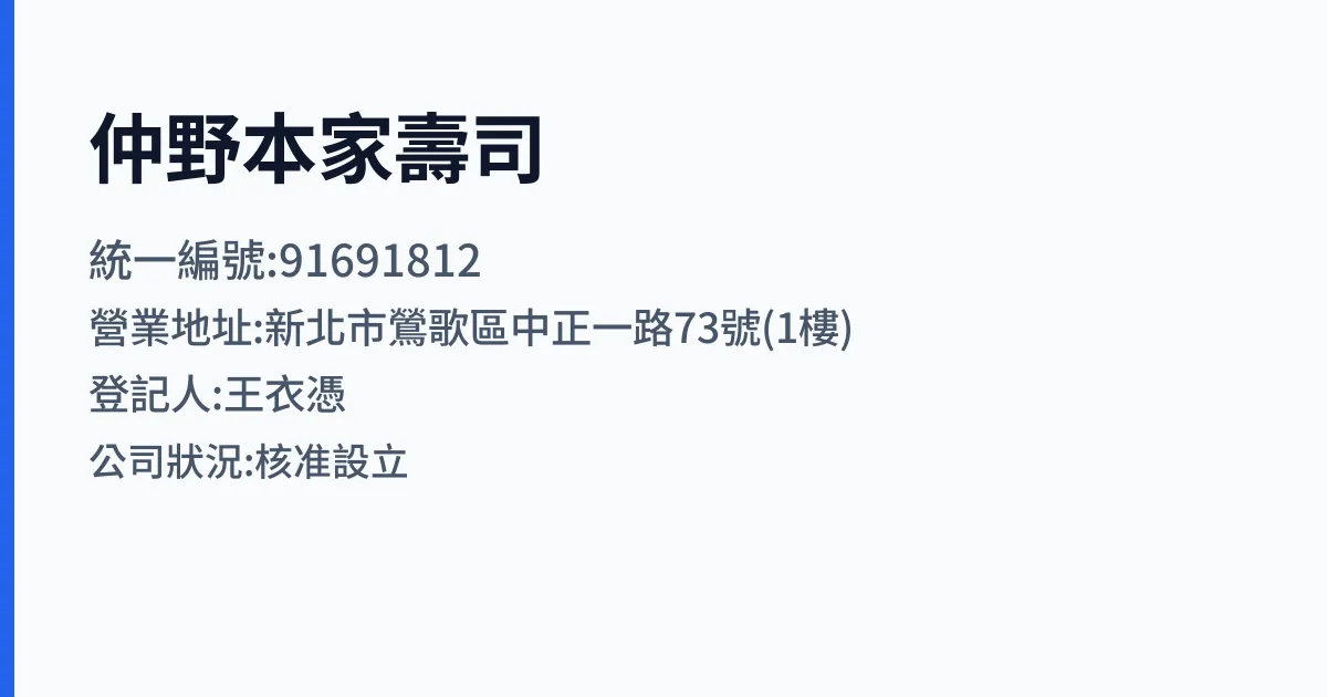 仲野本家壽司 - 統編 91691812(新北市) 公司登記資料與營業項目詳細圖表