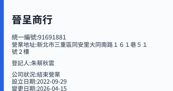 晉呈商行的照片-統編 91691881(新北市) 公司登記資料與營業項目詳細圖表