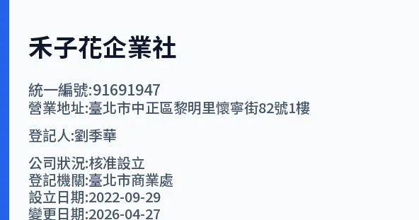 禾子花企業社的照片-統編 91691947(臺北市) 公司登記資料與營業項目詳細圖表