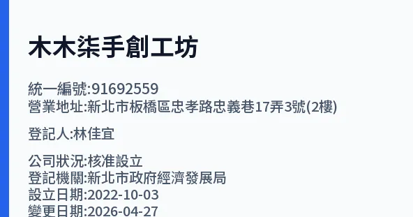 木木柒手創工坊的照片-統編 91692559(新北市) 公司登記資料與營業項目詳細圖表