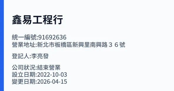 鑫易工程行的照片-統編 91692636(新北市) 公司登記資料與營業項目詳細圖表
