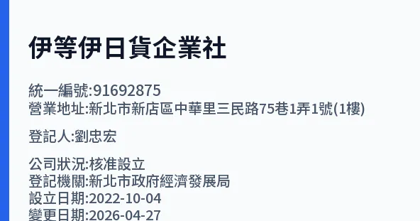 伊等伊日貨企業社的照片-統編 91692875(新北市) 公司登記資料與營業項目詳細圖表