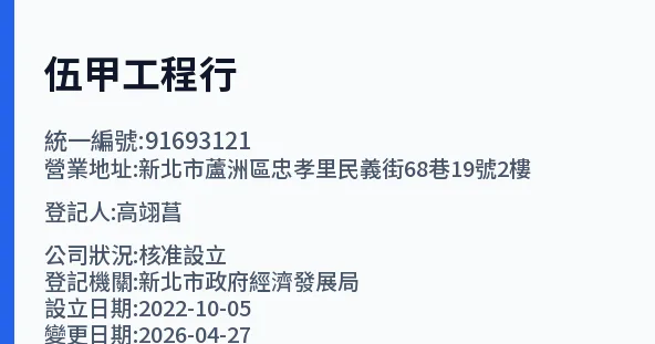 伍甲工程行的照片-統編 91693121(新北市) 公司登記資料與營業項目詳細圖表