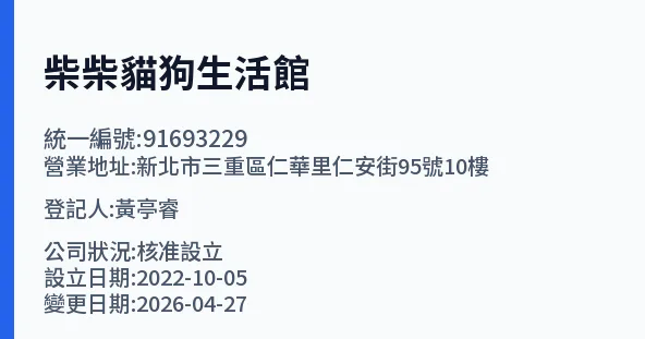 柴柴貓狗生活館的照片-統編 91693229(新北市) 公司登記資料與營業項目詳細圖表