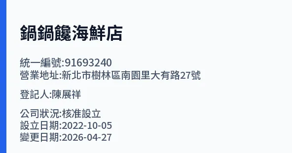 鍋鍋饞海鮮店的照片-統編 91693240(新北市) 公司登記資料與營業項目詳細圖表