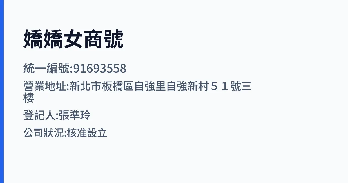 嬌嬌女商號 - 統編 91693558(新北市) 公司登記資料與營業項目詳細圖表