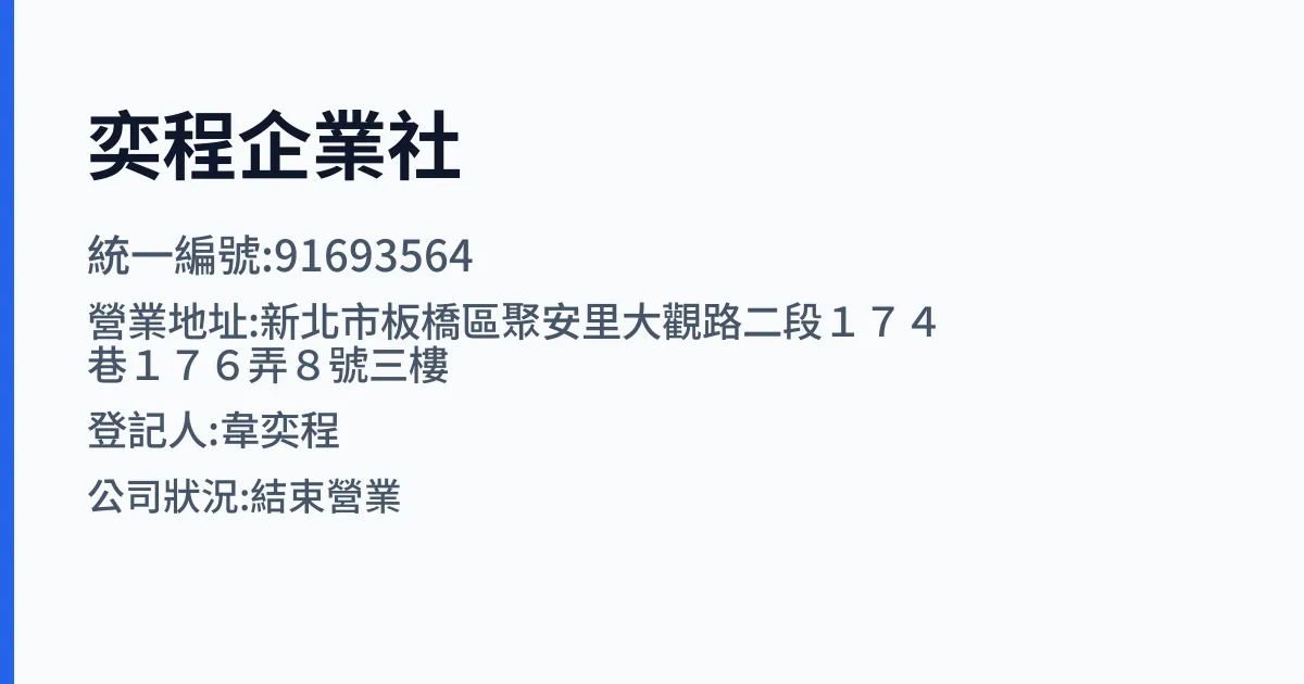 奕程企業社 - 統編 91693564(新北市) 公司登記資料與營業項目詳細圖表