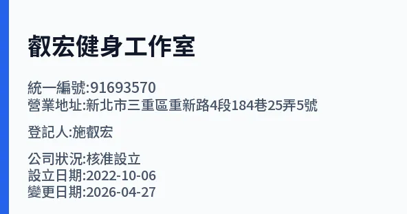 叡宏健身工作室的照片-統編 91693570(新北市) 公司登記資料與營業項目詳細圖表