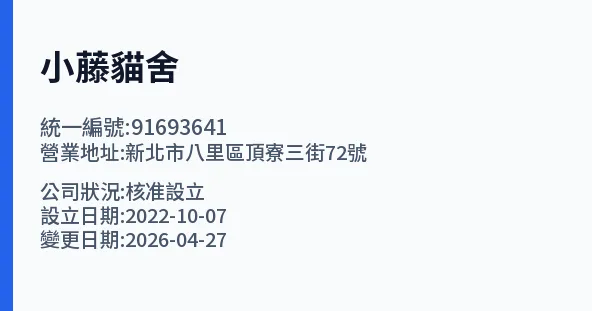 小藤貓舍的照片-統編 91693641(新北市) 公司登記資料與營業項目詳細圖表