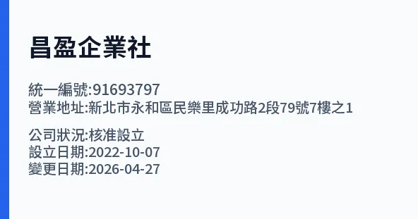 昌盈企業社的照片-統編 91693797(新北市) 公司登記資料與營業項目詳細圖表