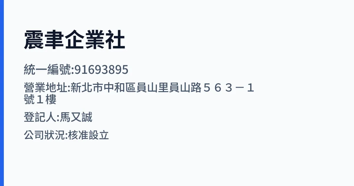 震聿企業社 - 統編 91693895(新北市) 公司登記資料與營業項目詳細圖表
