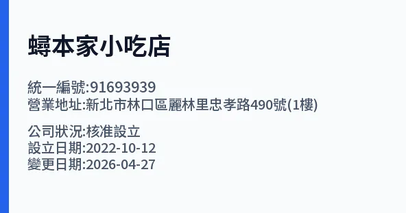 蟳本家小吃店的照片-統編 91693939(新北市) 公司登記資料與營業項目詳細圖表