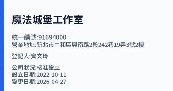 魔法城堡工作室的照片-統編 91694000(新北市) 公司登記資料與營業項目詳細圖表