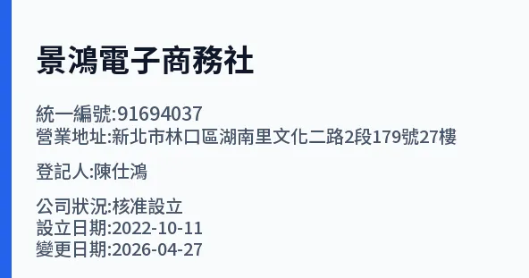 景鴻電子商務社的照片-統編 91694037(新北市) 公司登記資料與營業項目詳細圖表