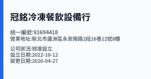 冠銘冷凍餐飲設備行的照片-統編 91694418(新北市) 公司登記資料與營業項目詳細圖表