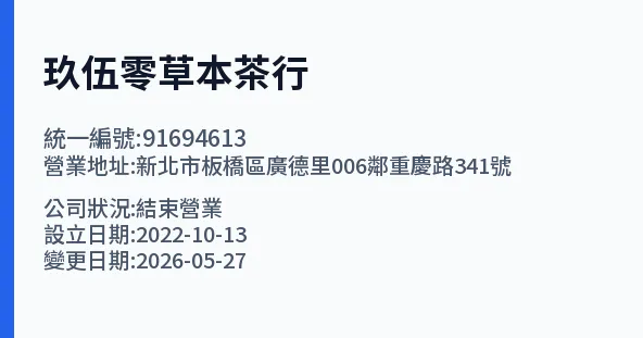 玖伍零草本茶行的照片-統編 91694613(新北市) 公司登記資料與營業項目詳細圖表