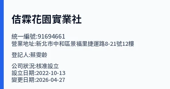 佶霖花園實業社的照片-統編 91694661(新北市) 公司登記資料與營業項目詳細圖表