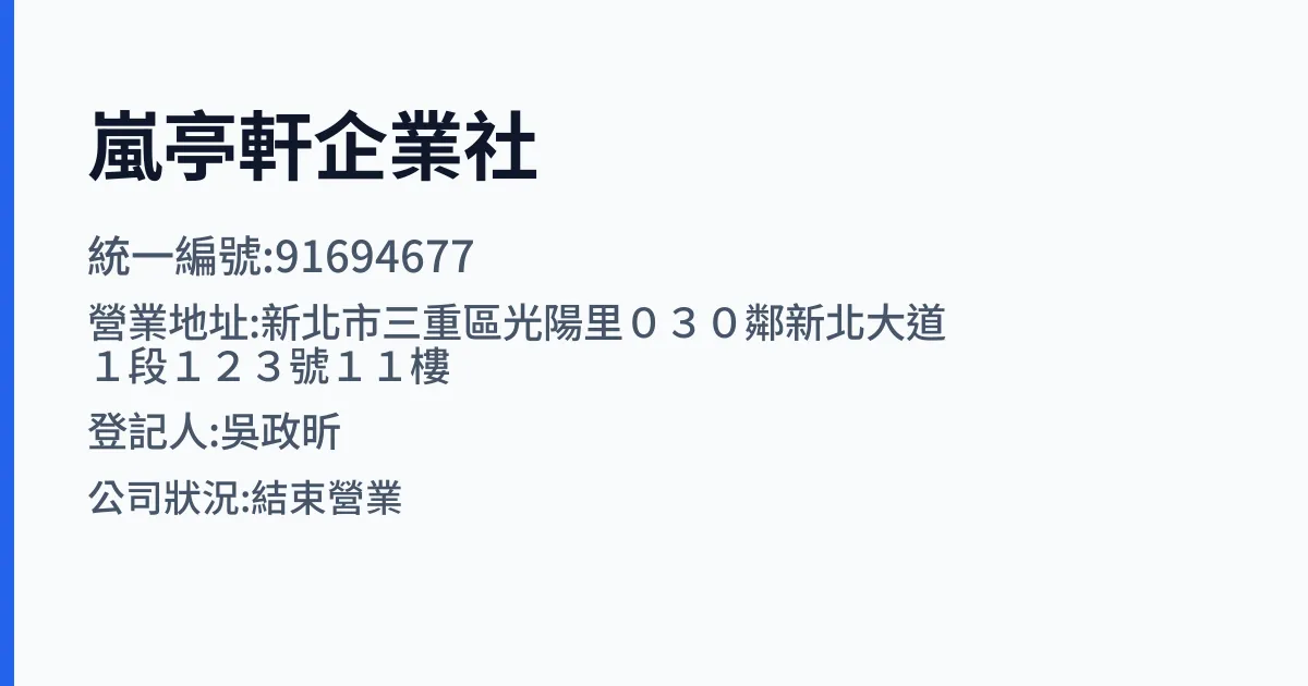 嵐亭軒企業社 - 統編 91694677(新北市) 公司登記資料與營業項目詳細圖表