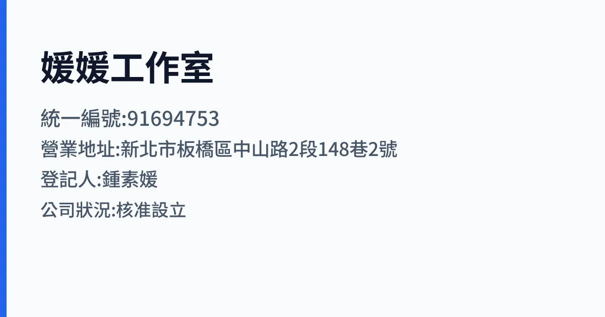 媛媛工作室 - 統編 91694753(新北市) 公司登記資料與營業項目詳細圖表