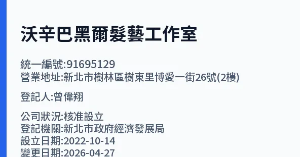 沃辛巴黑爾髮藝工作室的照片-統編 91695129(新北市) 公司登記資料與營業項目詳細圖表