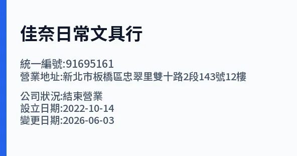 佳奈日常文具行的照片-統編 91695161(新北市) 公司登記資料與營業項目詳細圖表
