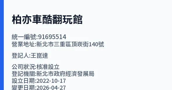 柏亦車酷翻玩館的照片-統編 91695514(新北市) 公司登記資料與營業項目詳細圖表