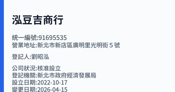 泓豆吉商行的照片-統編 91695535(新北市) 公司登記資料與營業項目詳細圖表