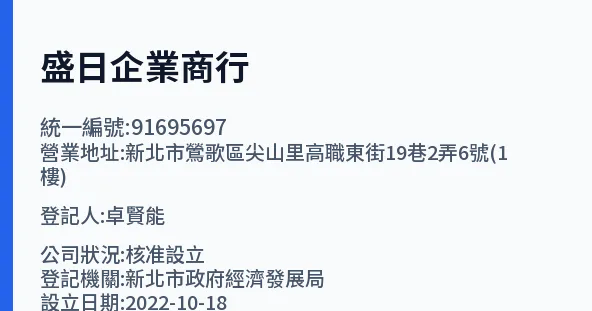 盛日企業商行的照片-統編 91695697(新北市) 公司登記資料與營業項目詳細圖表