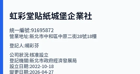 虹彩堂貼紙城堡企業社的照片-統編 91695872(新北市) 公司登記資料與營業項目詳細圖表