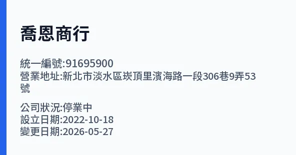 喬恩商行的照片-統編 91695900(新北市) 公司登記資料與營業項目詳細圖表