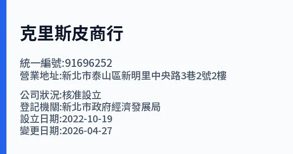 克里斯皮商行的照片-統編 91696252(新北市) 公司登記資料與營業項目詳細圖表